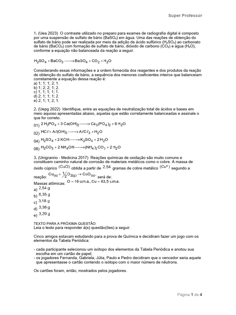 Atividade Complementar | PDF | Reações químicas | Ácido sulfúrico
