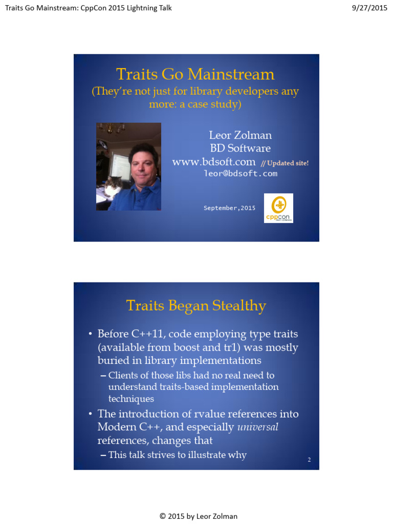 Traits Go Mainstream - Leor Zolman - CppCon 2015 | PDF | Computing | Object Oriented Programming