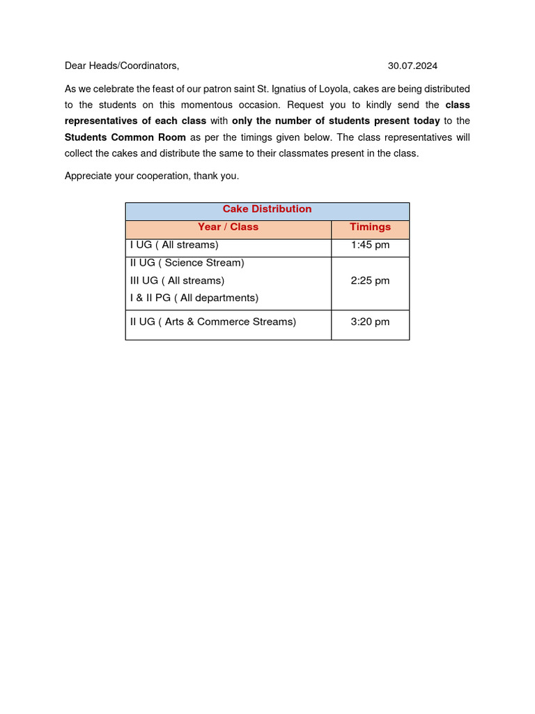 Cake Distribution Schedule 30.07.2024 | PDF
