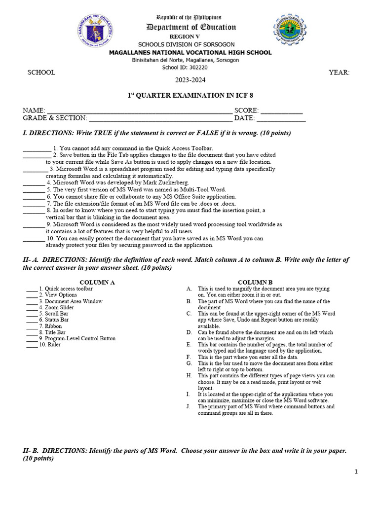 1st Quarter Examination - ICF 8 | PDF | Microsoft Word | Window (Computing)