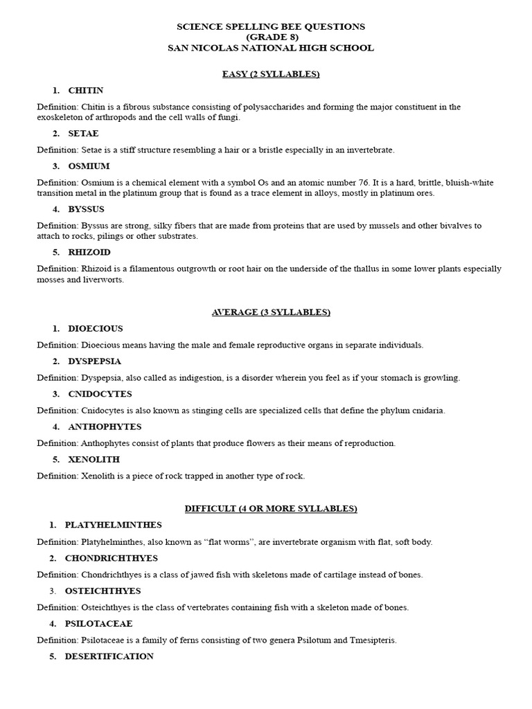 Science Spelling Bee | PDF | Skeleton
