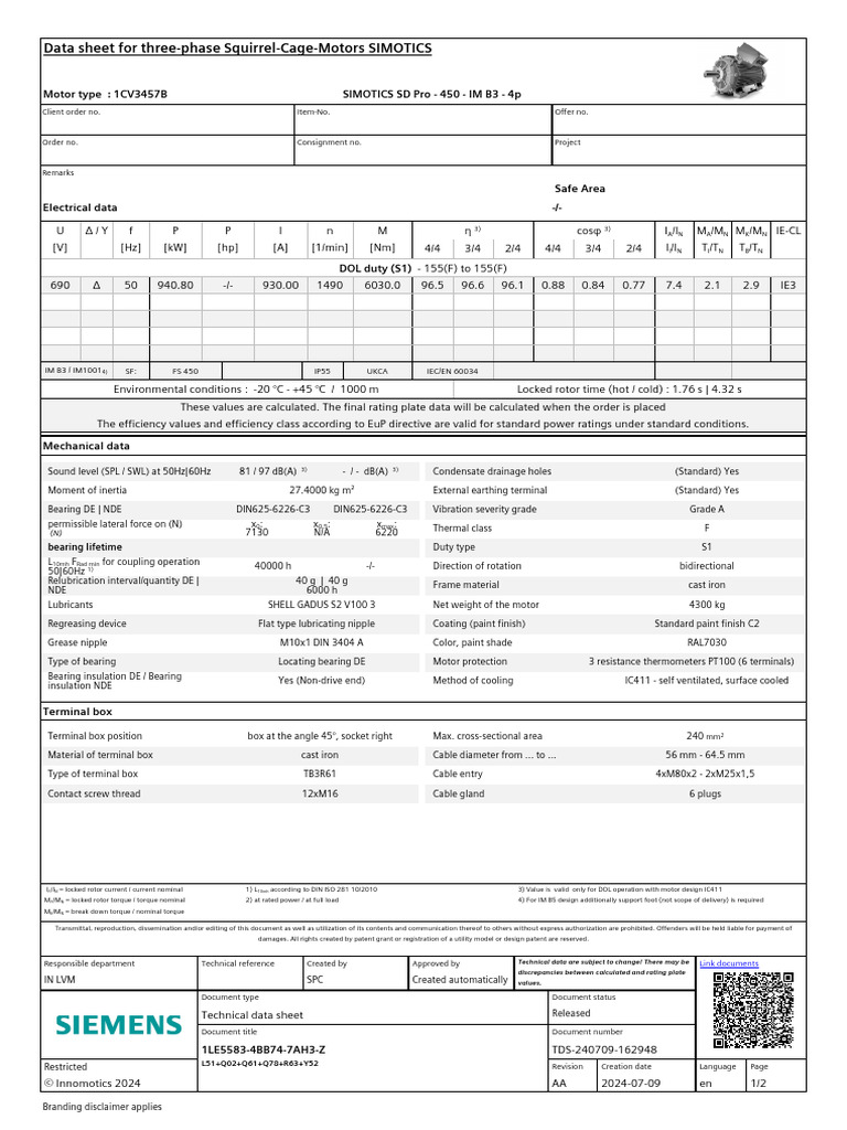 SIMOTICS Three-Phase Motor Data Sheet | PDF | Electrical Connector ...