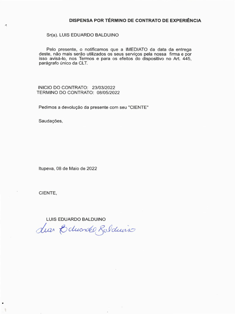 Dispensa Por Termino de Contrato Luis Eduardo Balduino | PDF