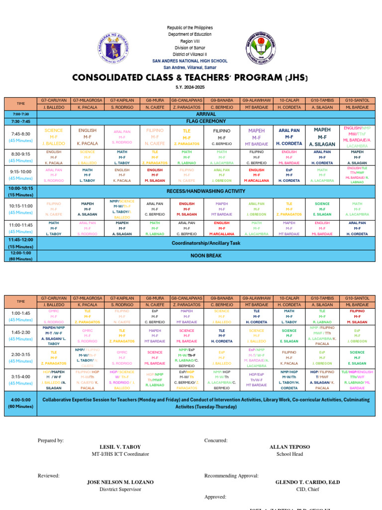 JHS Class Schedule 2024-2025 | PDF