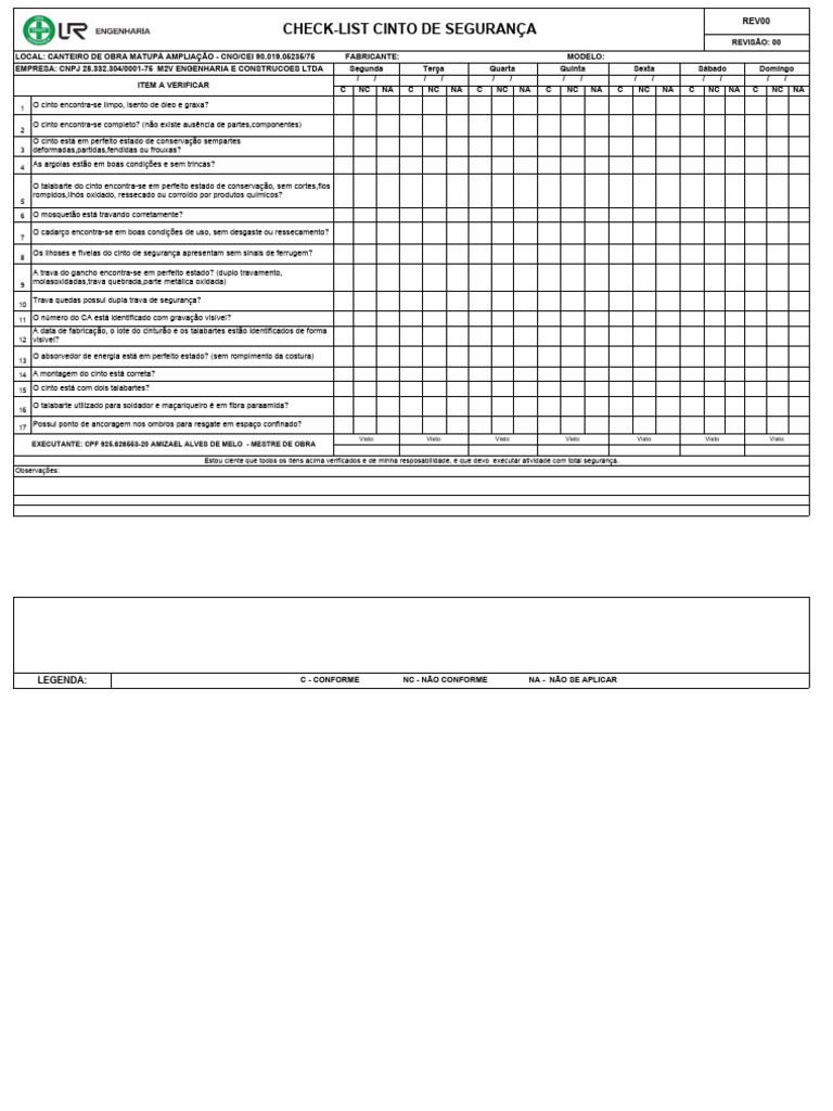 Check List Cinto de Seguranca | PDF