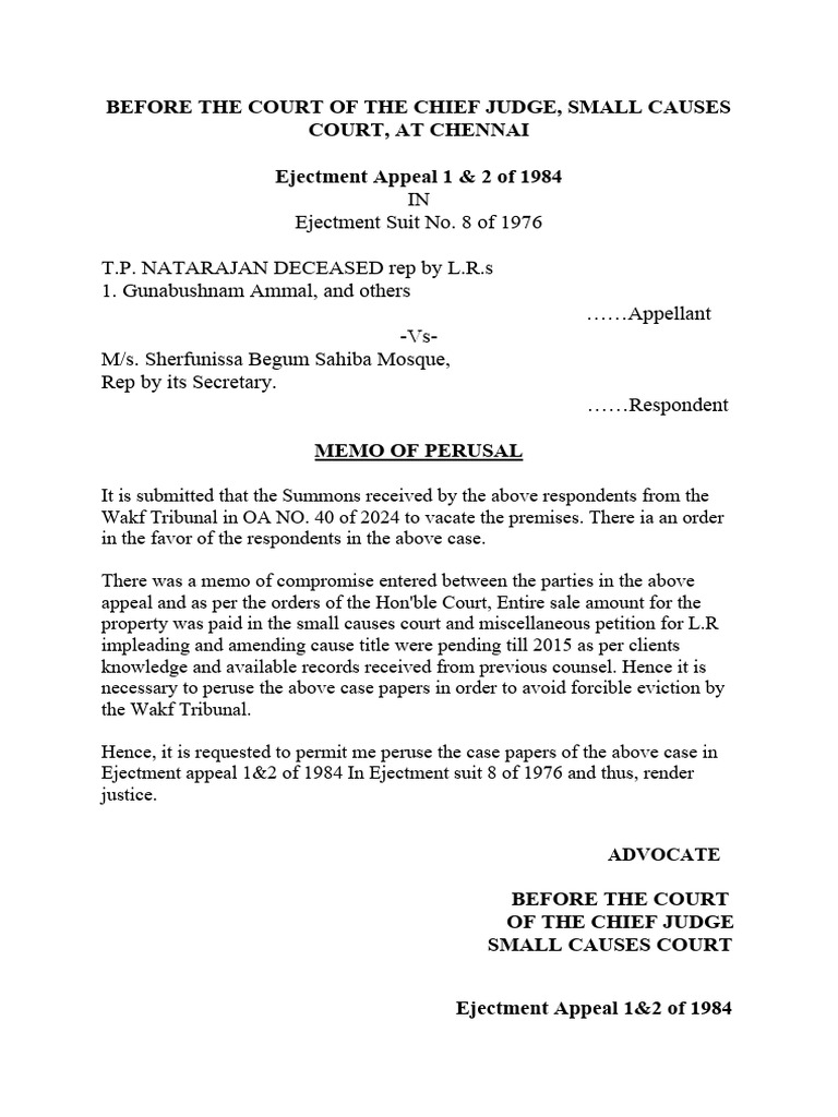 Ejectment Appeal Memo - Chennai Court | PDF | Appeal | Government ...