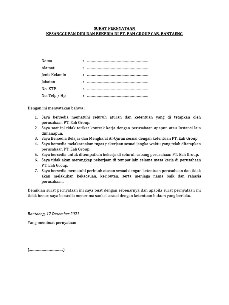 Surat Pernyataan Kerja PT. Eah Group | PDF | Karier & Perkembangan