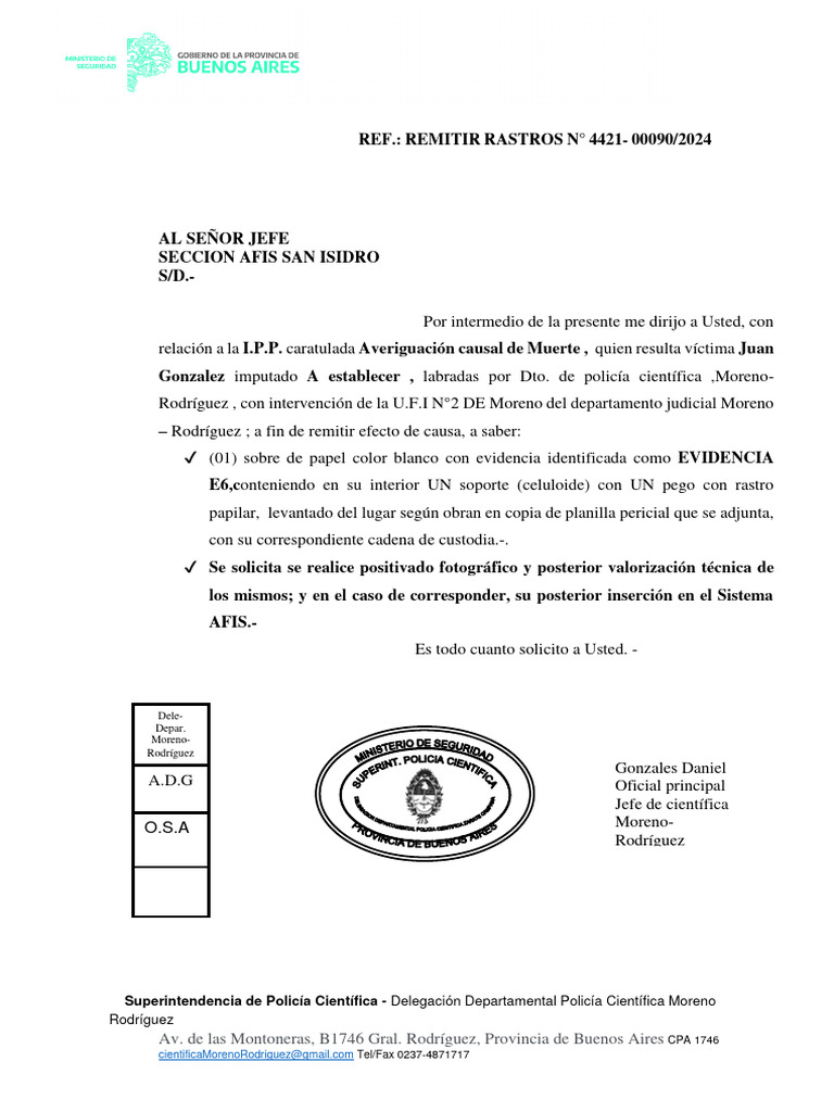 Nota Elevacion de Rastros AFIS | PDF