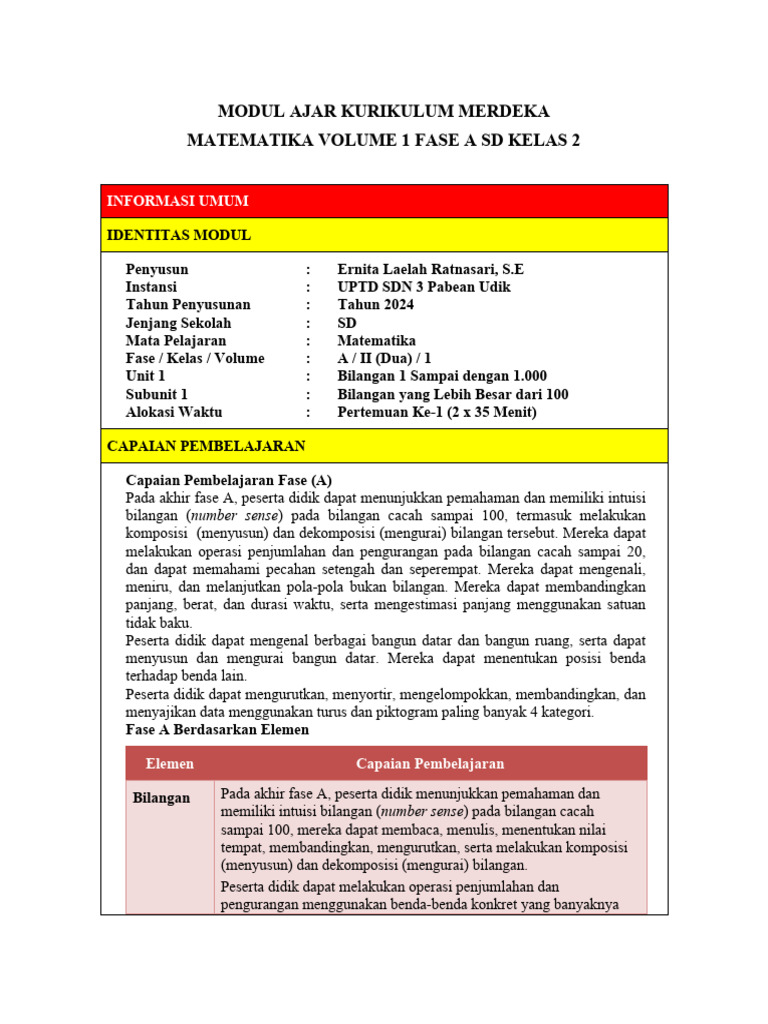 MODUL AJAR Matematika Kelas 2 | PDF | Kesehatan Holistik | Sains ...