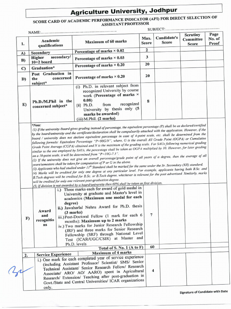 Score Card Assistant Professor | PDF