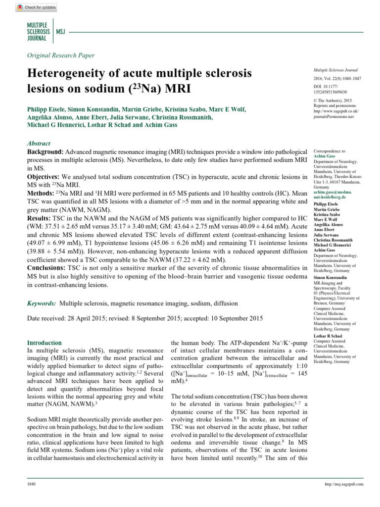 Heterogeneity of Acute Multiple Sclerosis Lesions On Sodium (23na) MRI ...