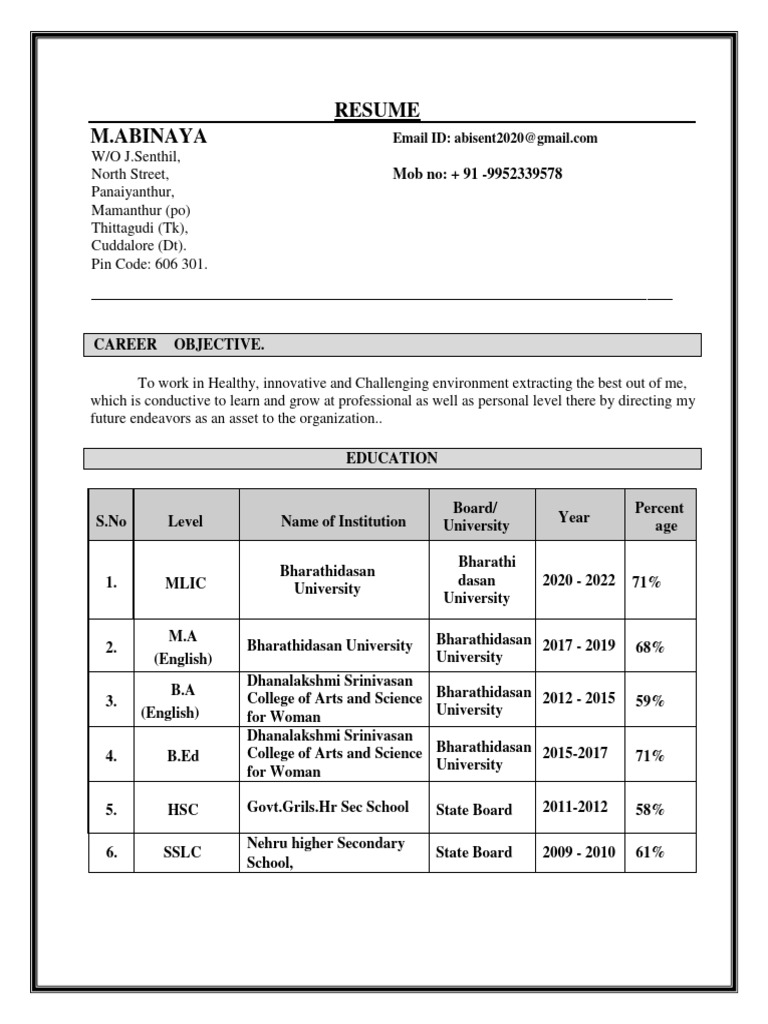 Resume Abinaya | PDF | Learning | Cognition