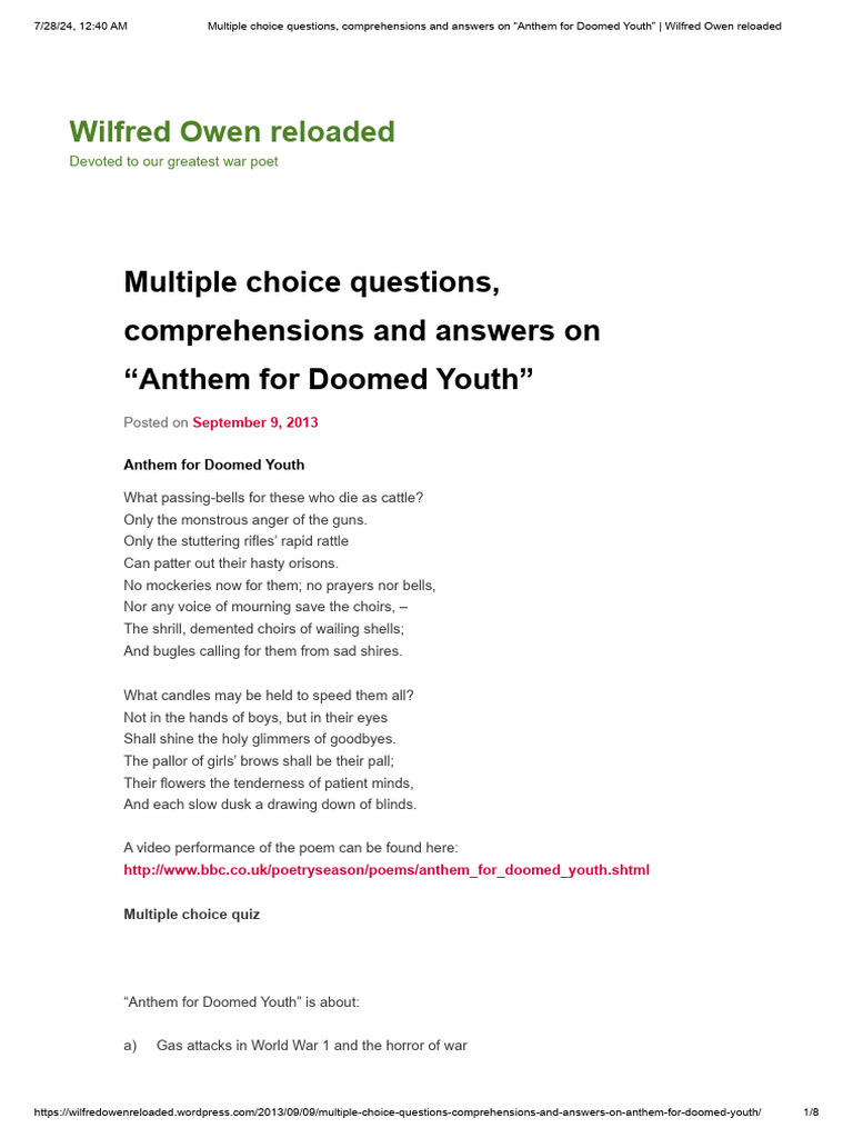 Multiple Choice Questions, Comprehensions and Answers On "Anthem For ...