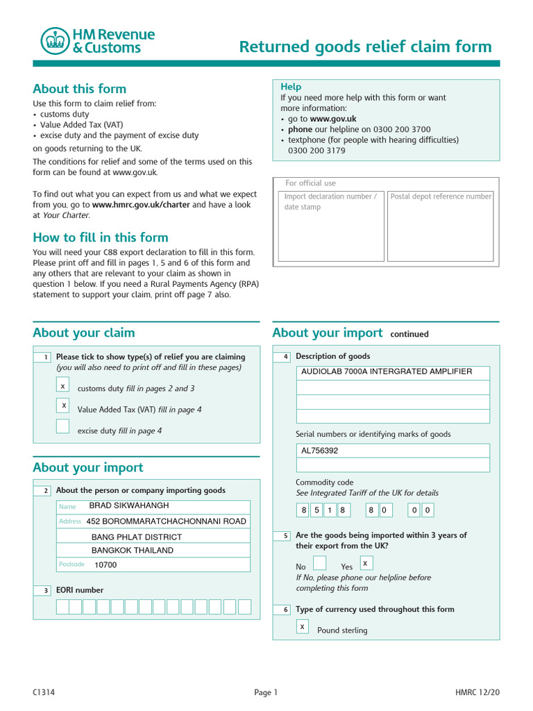 Import Shippers Declaration of Returned Goods C1314 | PDF | Customs ...
