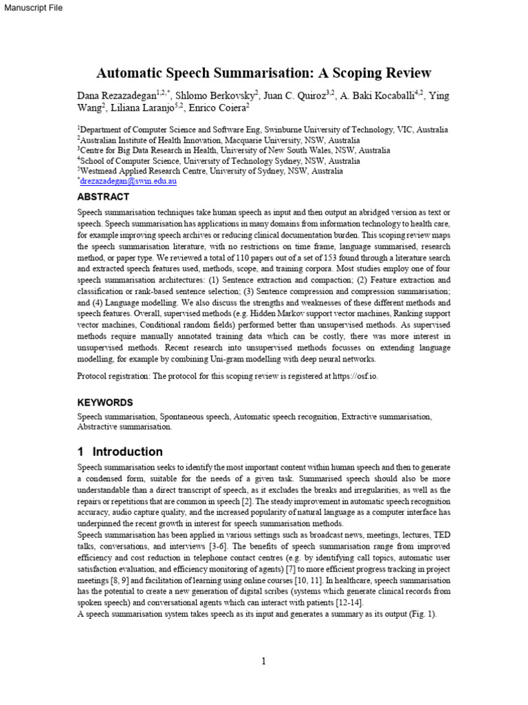 Symbolic and Statistical Learning Approaches To Speech Summarization A Scoping Review | PDF ...