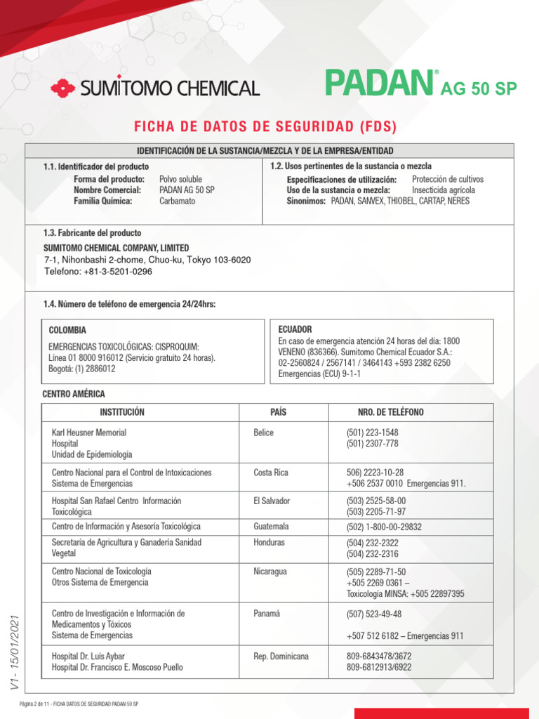 Ficha Técnica del Insecticida Padan 50 SP | PDF | Agua | Incendios