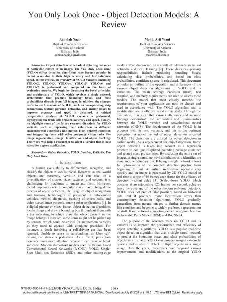 You Only Look Once - Object Detection Models A Review | PDF | Computer Vision | Artificial ...