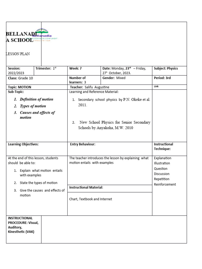 Grade 10 Lesson Plan Physics, Week 7 | PDF | Rotation | Force