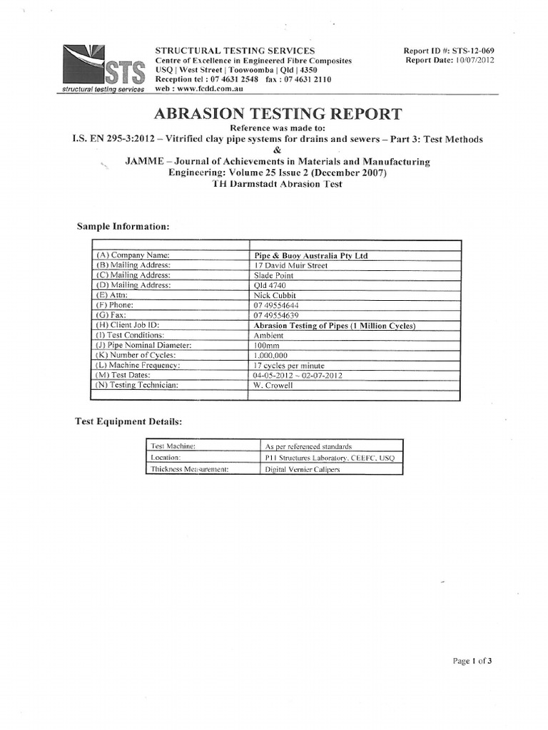Australian Abrasion Testing Report | PDF