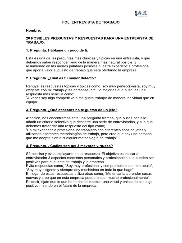 Preguntas Clave para Entrevistas de Trabajo | PDF | Entrevista de ...