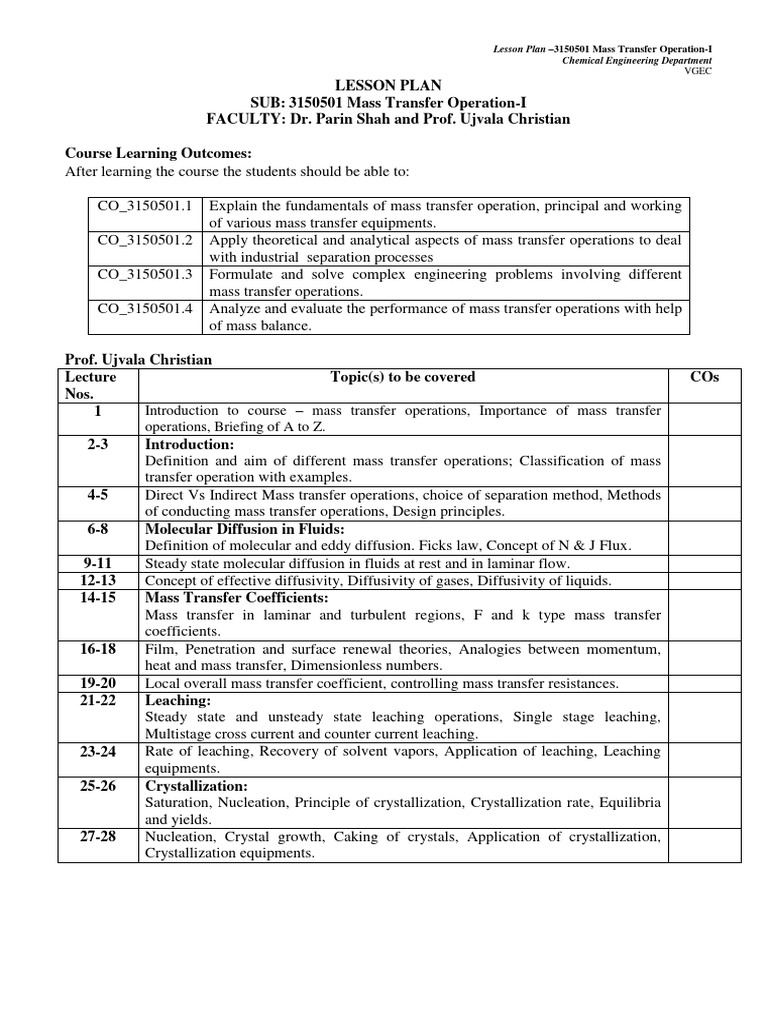 F. Lesson Planning - 3150501 Mass Transfer Operation-I | PDF | Mass ...