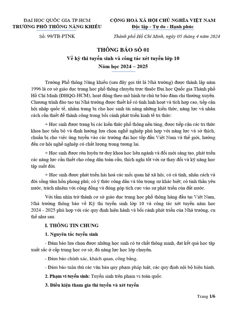 TB So 99 Thong Bao So 01 Thong Tin Tuyen Sinh Lop 10 Nam Hoc 24 25 | PDF