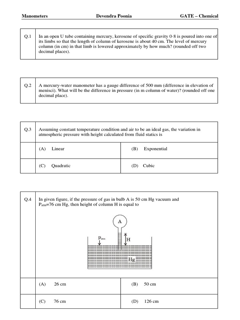 Pressure Measurement in Manometers | PDF | Pressure Measurement | Pressure