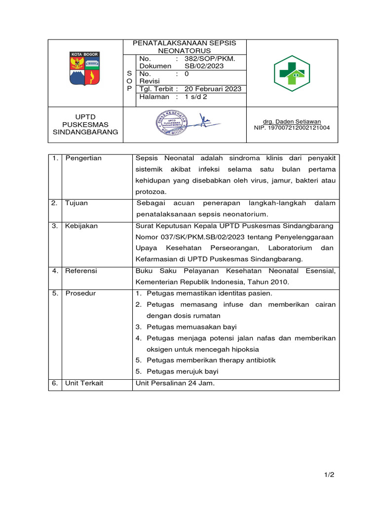 Sop Penatalaksanaan Sepsis Neonatorum | PDF