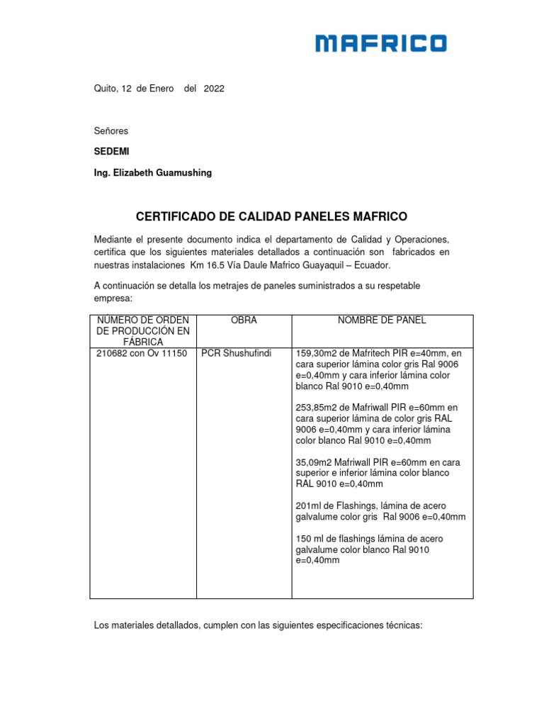 Certificado Calidad Paneles Mafrico | PDF