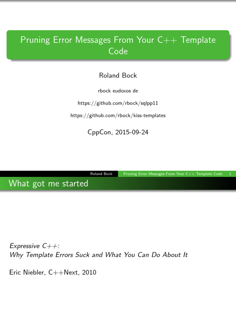 Pruning Error Messages From Your C++ Template Code - Roland Bock - CppCon 2015 | PDF | C++ ...
