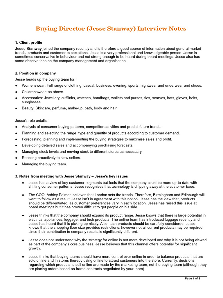 Buying Director (Jesse Stanway) Interview Notes | PDF | Sales | Marketing