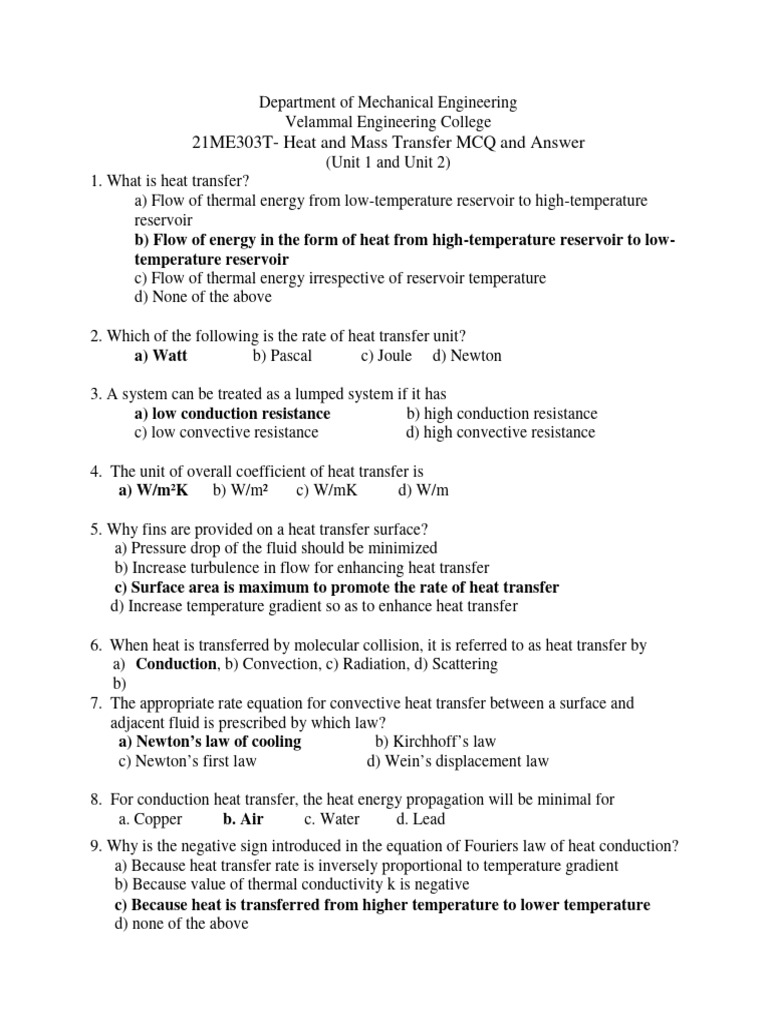 Heat Transfer Mcq With Answers