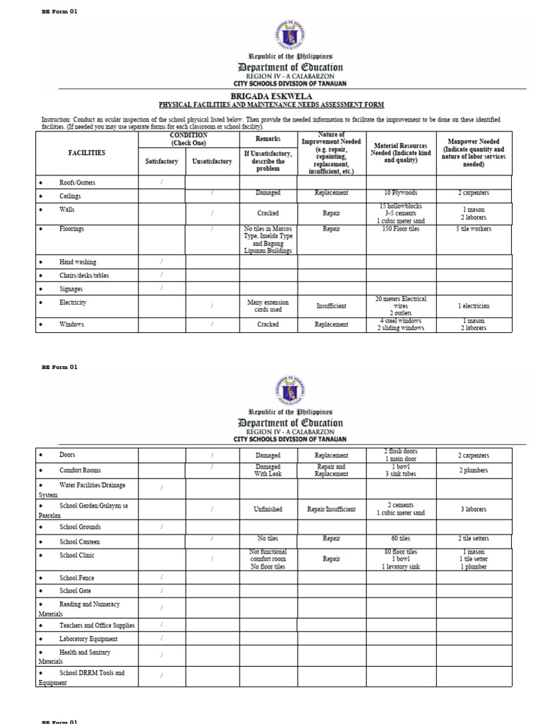 Be Form 1 Physical Facilities and Maintenance Needs Assessment Form Sala Es | PDF | Building ...