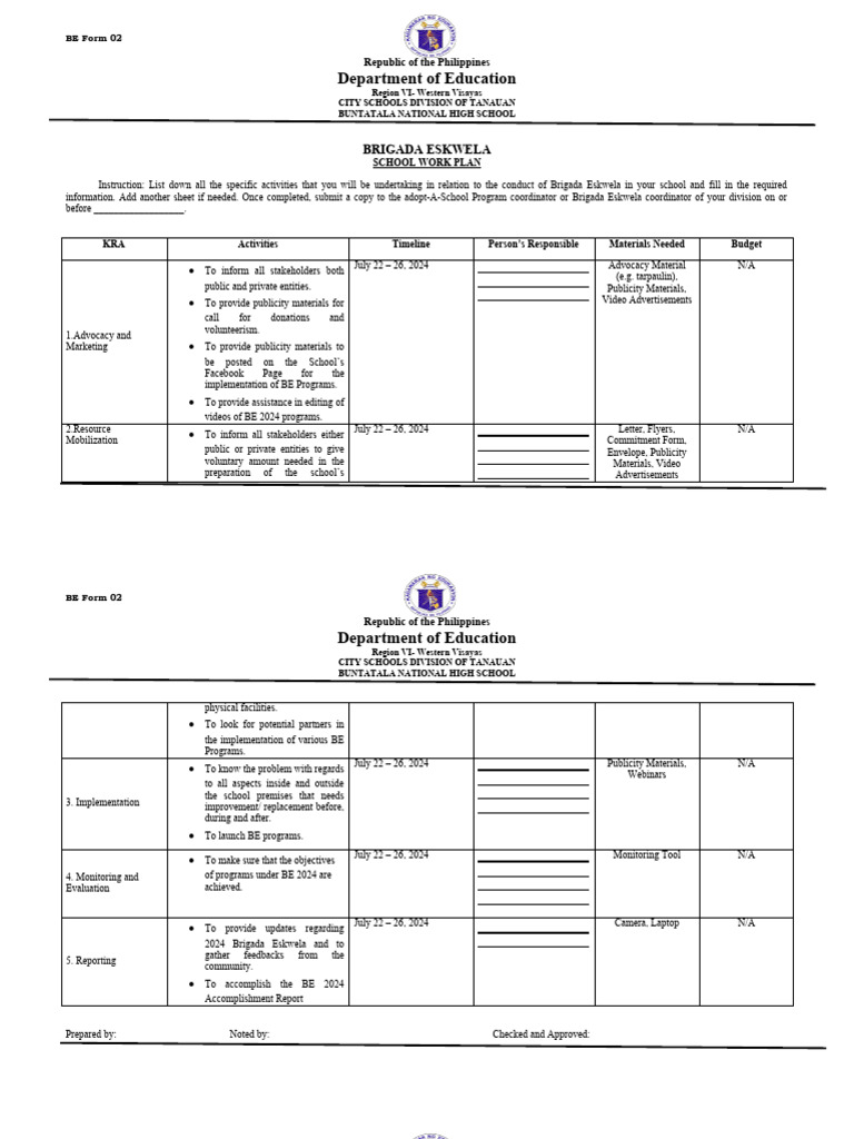Be Form 2 School Work Plan | PDF