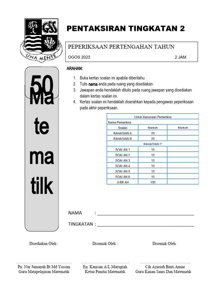 Cover Ujian Maths Pt3 Tingkatan 1 2023 Pdf