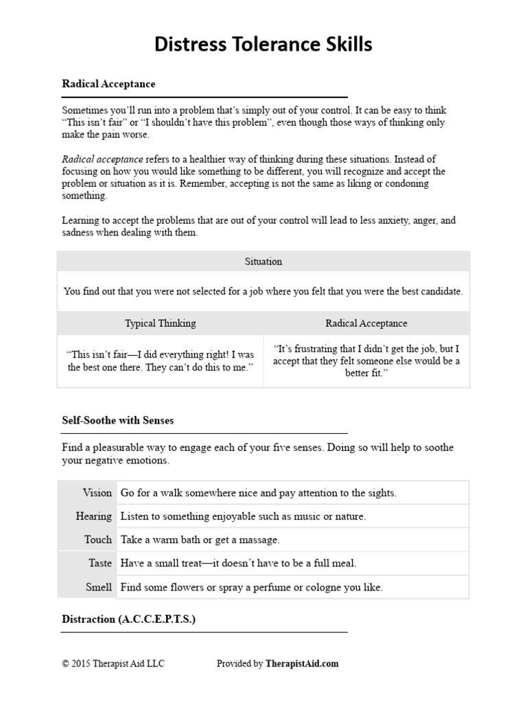 DBT Distress Tolerance Skills | PDF | Feeling | Dialectical Behavior ...