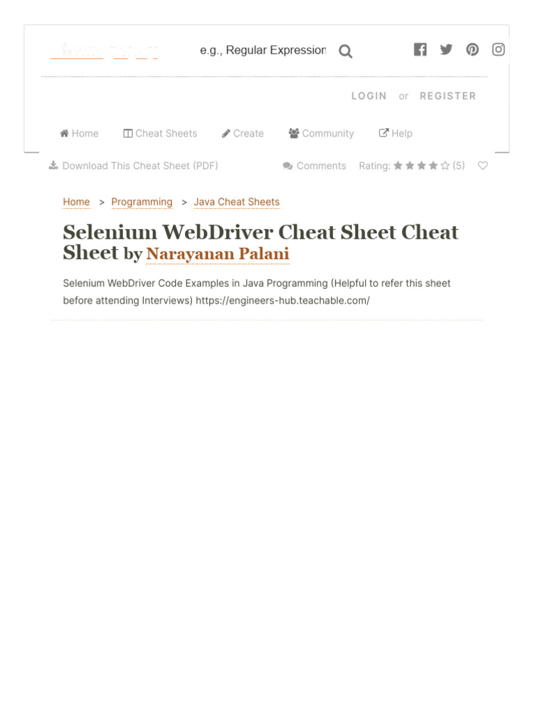 Selenium Webdriver Cheat Sheet Cheat Sheet: Narayanan Palani | PDF ...