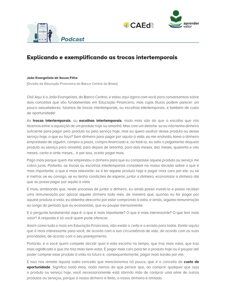 Trocas Intertemporais e Custo de Oportunidade | PDF | Dinheiro | Tempo