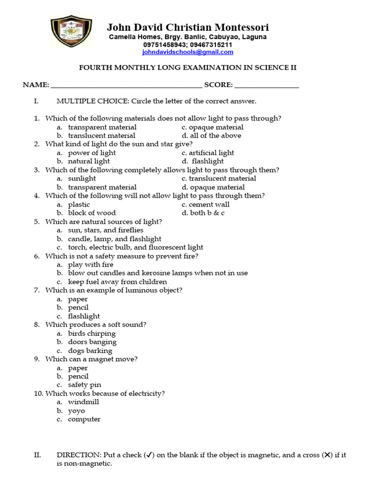 Fourth Monthly Long Examination in Science Ii | PDF | Flashlight | Light