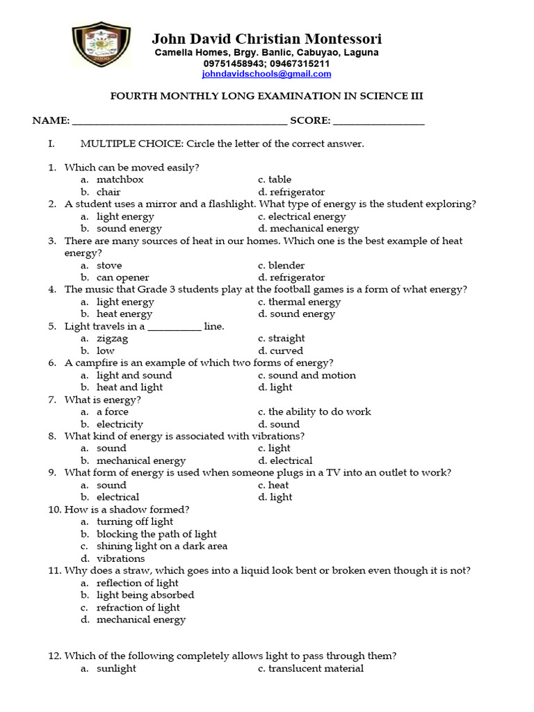Fourth Monthly Long Examination in Science Iii | PDF | Force | Light