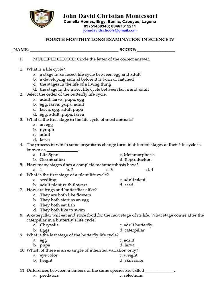Science IV Monthly Exam: Life Cycles | PDF | Pupa | Butterfly