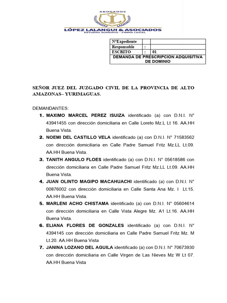 Modelo Demanda Aa. HH Buena Vista | PDF | Posesión (Ley) | Propiedad