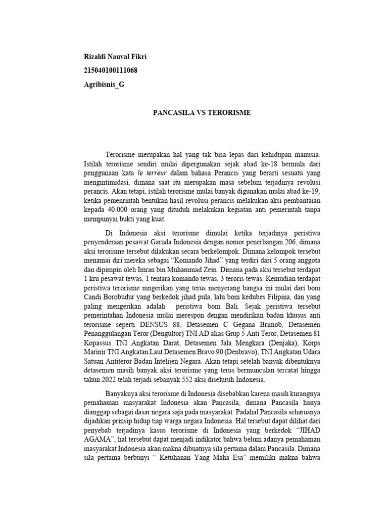 Essai KWN Pancasila VS Terrorisme | PDF | Ilmu Sosial