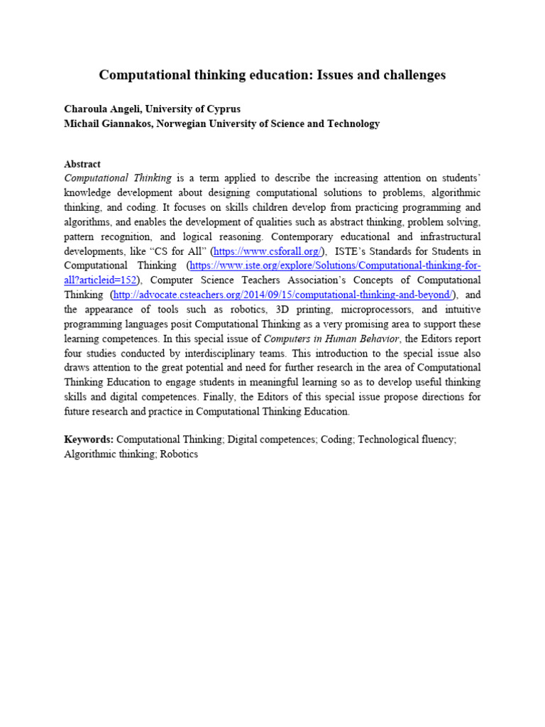 Computational Thinking Education Issues and challengesCHB - AngeliGiannakos | PDF | Embodied ...