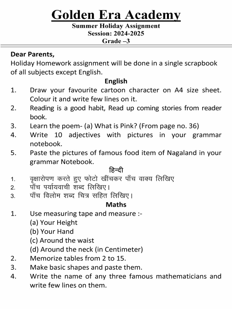 Grade 3 Summer Holidays Assignment Pdf