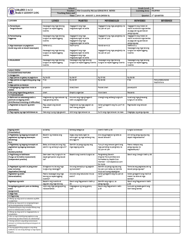 DLL Filipino 3 q1 w9 | PDF