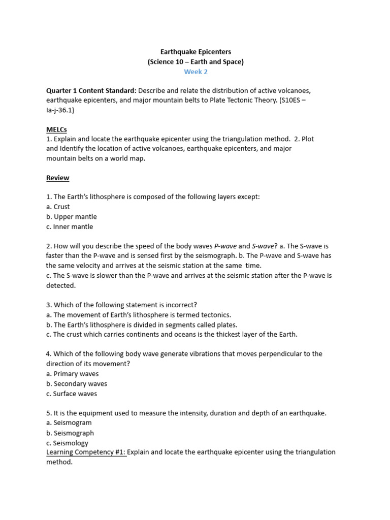 Science 10 Quarter 1 Week 2 Earthquake Epicenters | PDF | Earthquakes ...