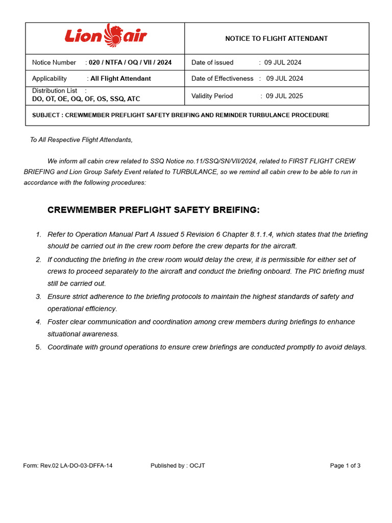 020.crewmember Preflight Safety Breifing and Reminder Turbulance ...