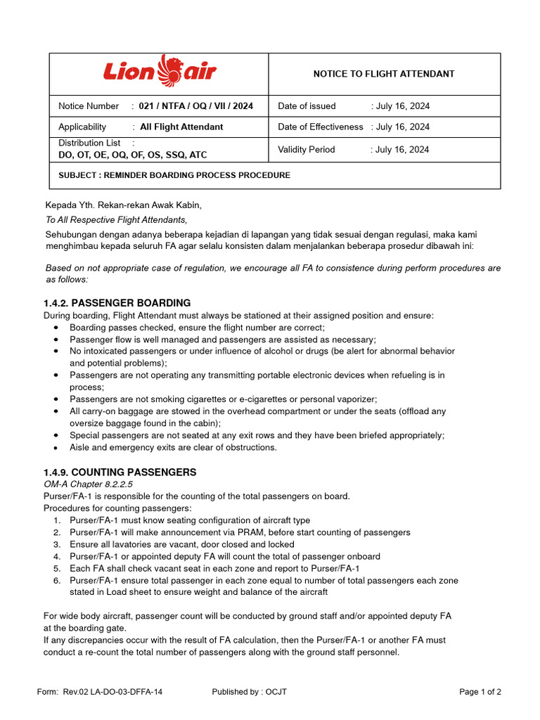 021 Reminder Boarding Process Procedure | PDF | Flight Attendant | Aviation