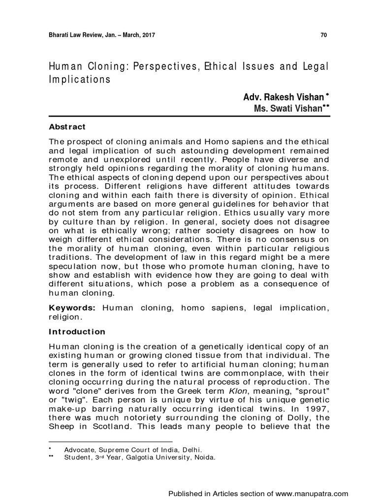 Human Cloning: Perspectives, Ethical Issues and Legal Implications ...